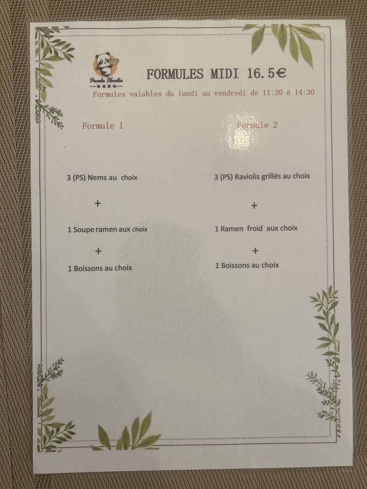 Menu au Panda noodles restaurant, Versailles
