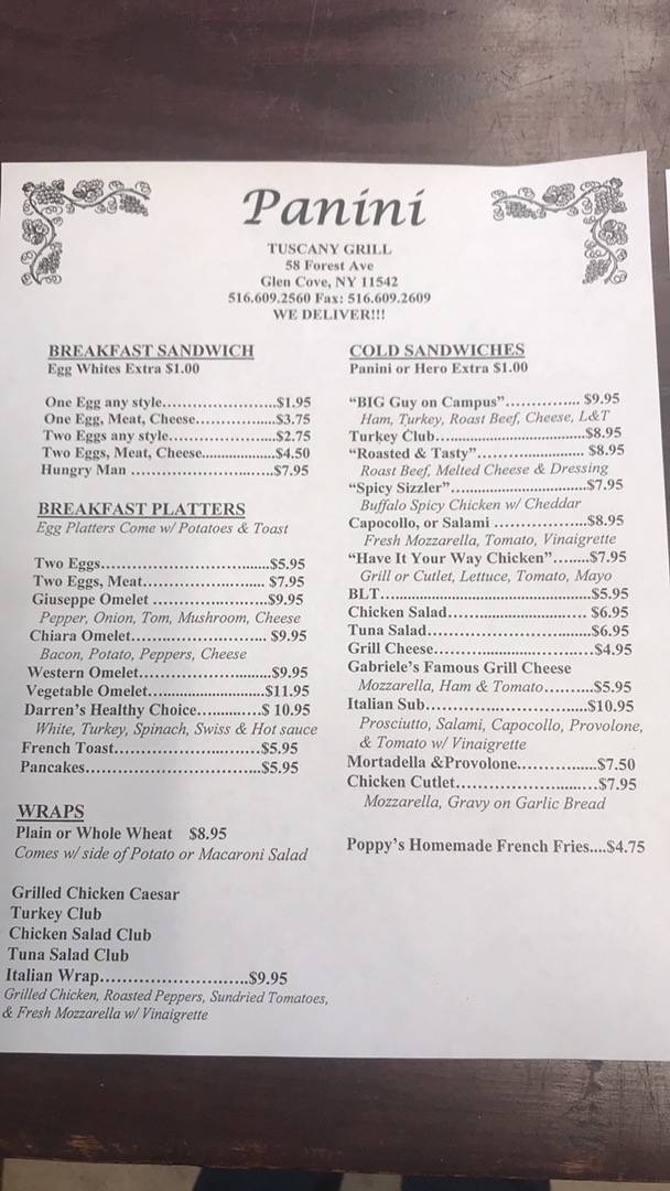Menu at Panini restaurant, Glen Cove