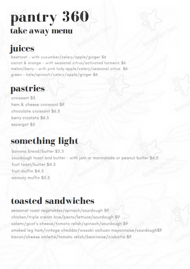 Menu at Pantry 360 cafe, Teneriffe