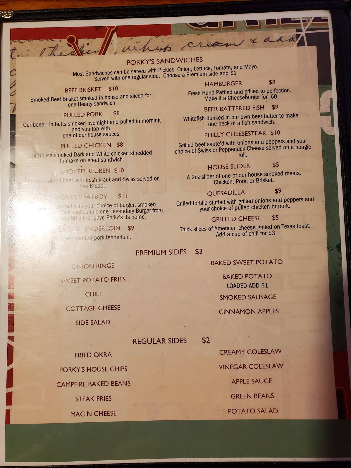 Menu at Porkys BBQ of Paoli, Paoli