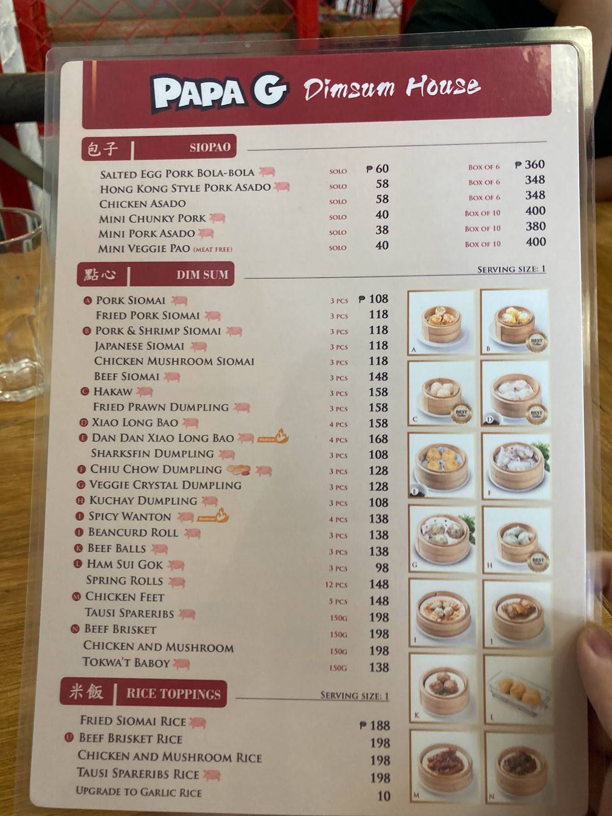 Carta de Papa G Dimsum House & Restaurant - Gov. Duterte st. (ATU Plaza ...