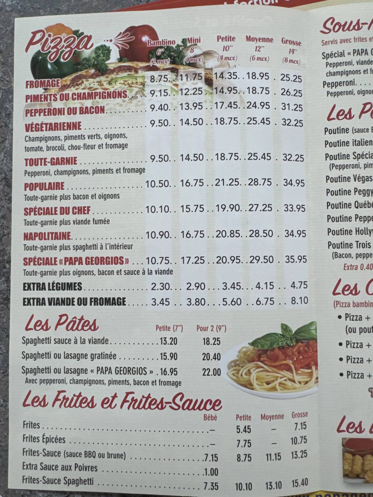 Menu au Papa Georgios restaurant, Trois-Rivières