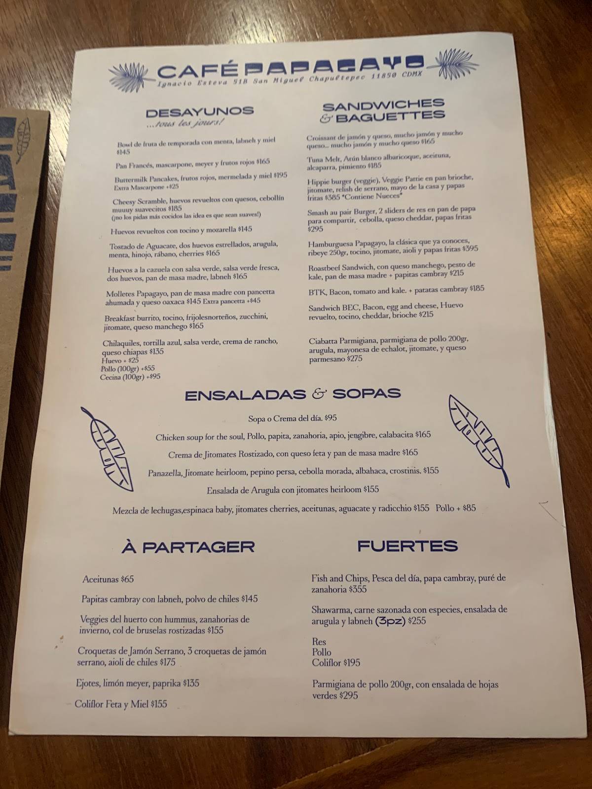 Carta de Cafe Papagayo, Ciudad de México