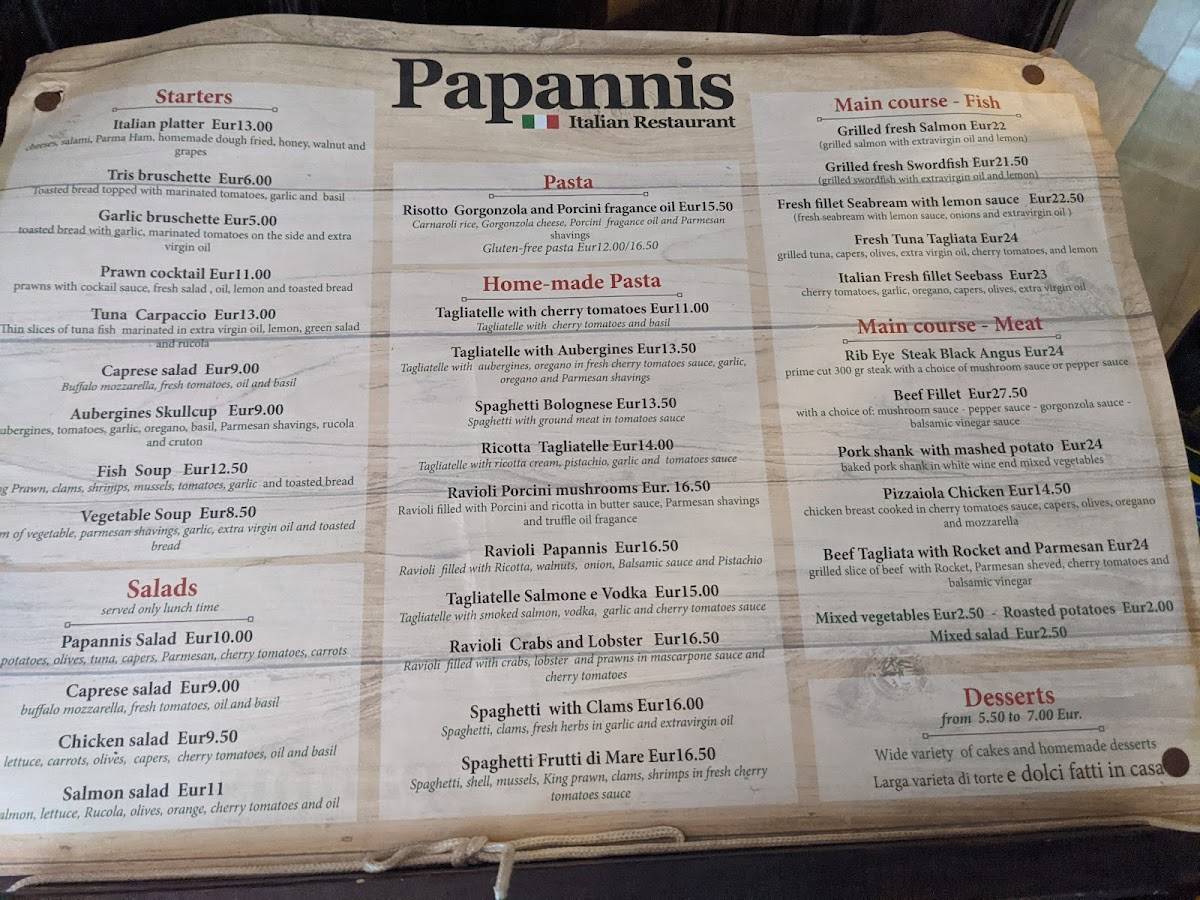 Menu at Papannis Restaurant, Valletta