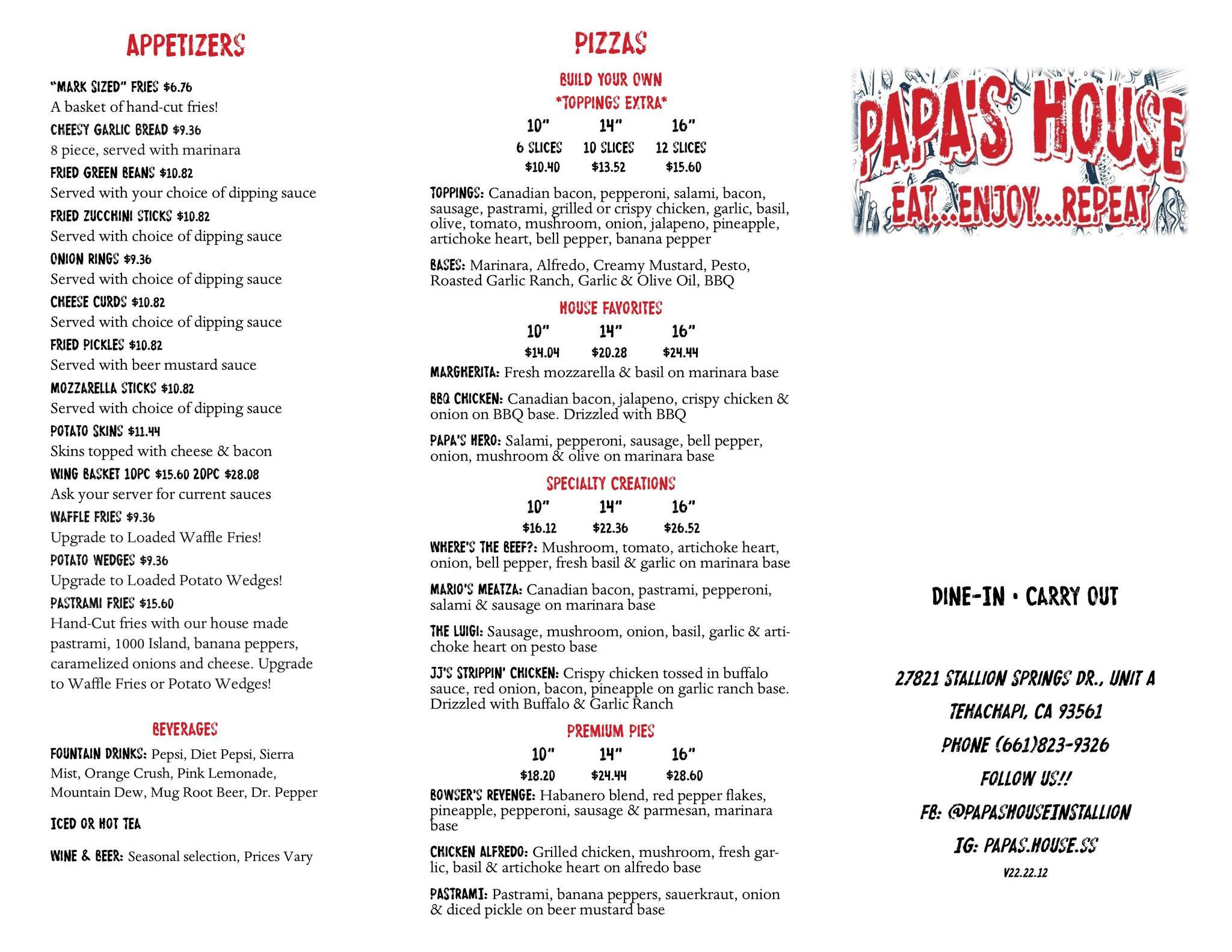 Menu at Papa’s House pizzeria, Tehachapi