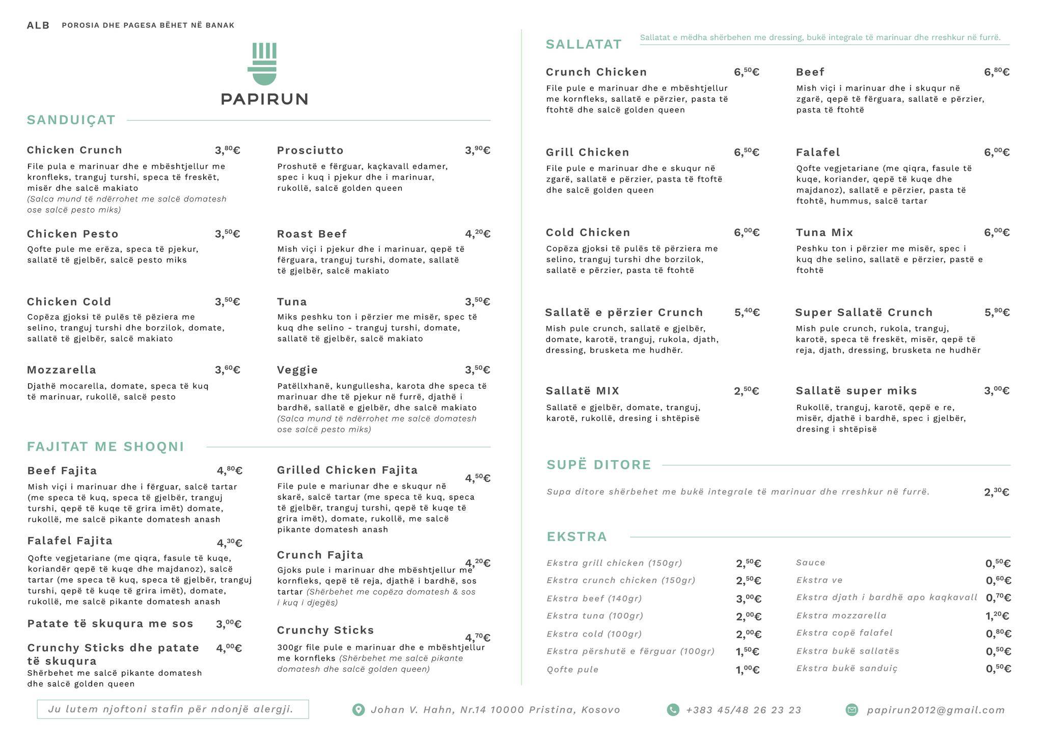 Menu at Papirun restaurant, Prishtina, Johan V. Hahn