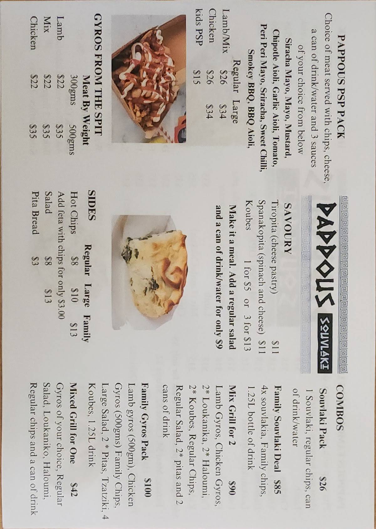 Menu at Pappous Souvlaki restaurant, Rosebud