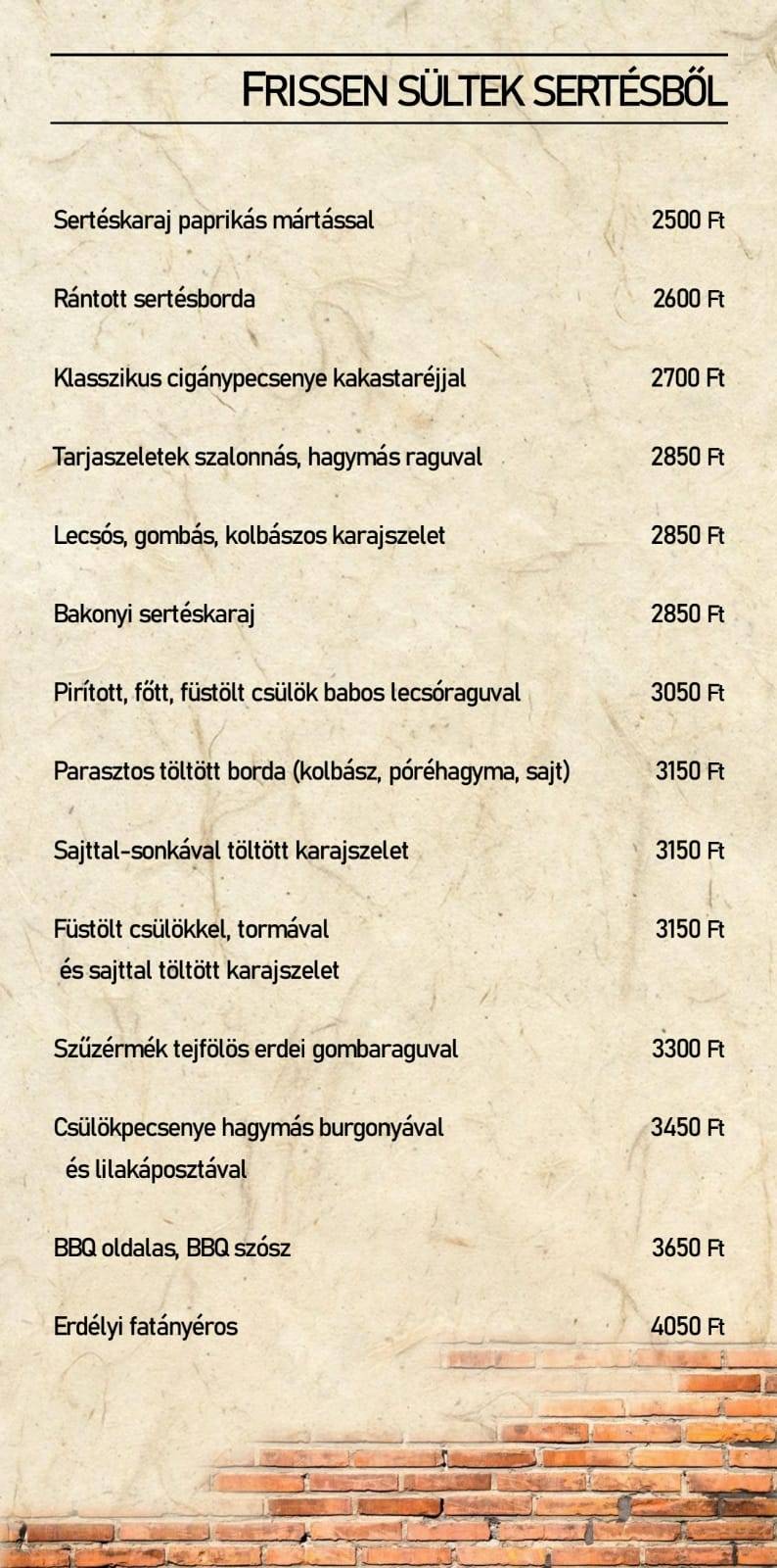 Menu at Paradicsom Csárda restaurant, Cece, Fő út 0217/7