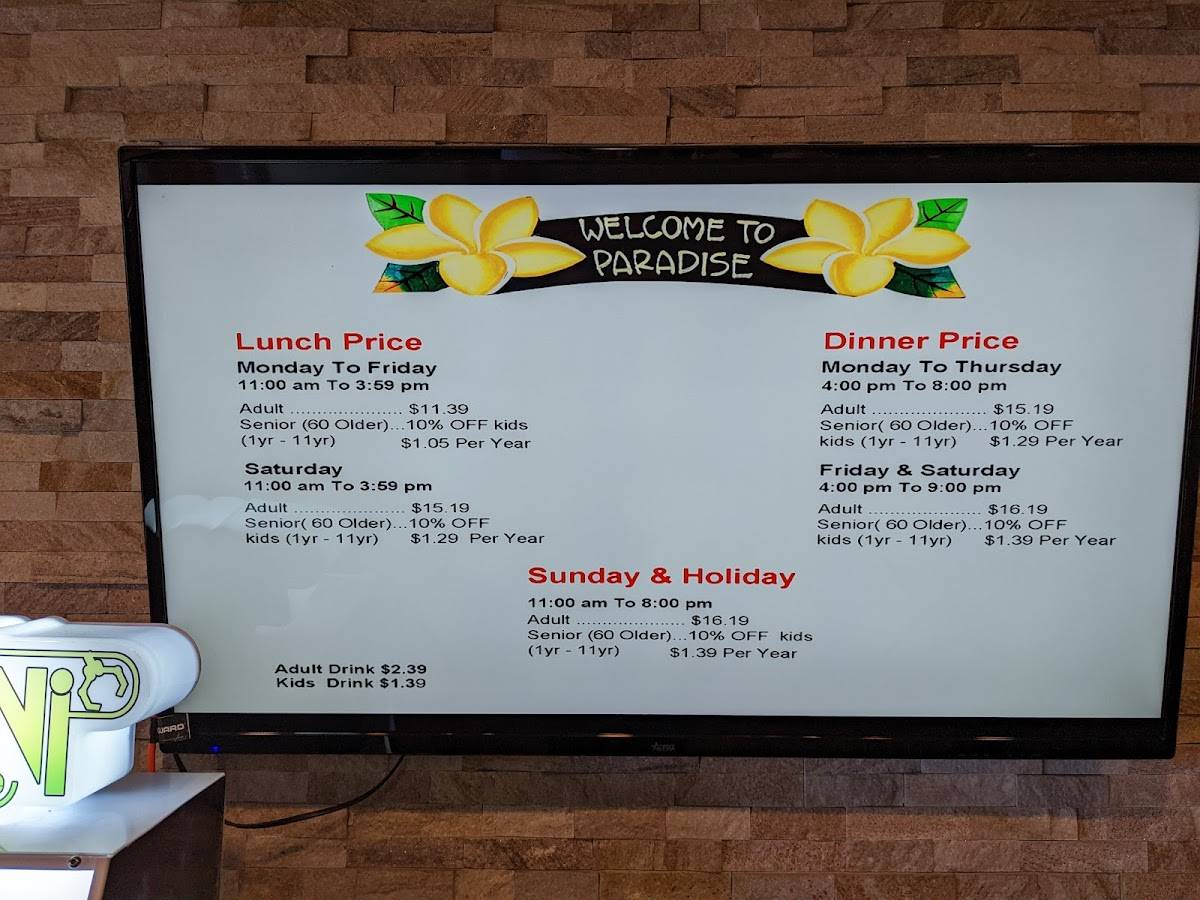 Menu at Paradise Buffet restaurant, Murray