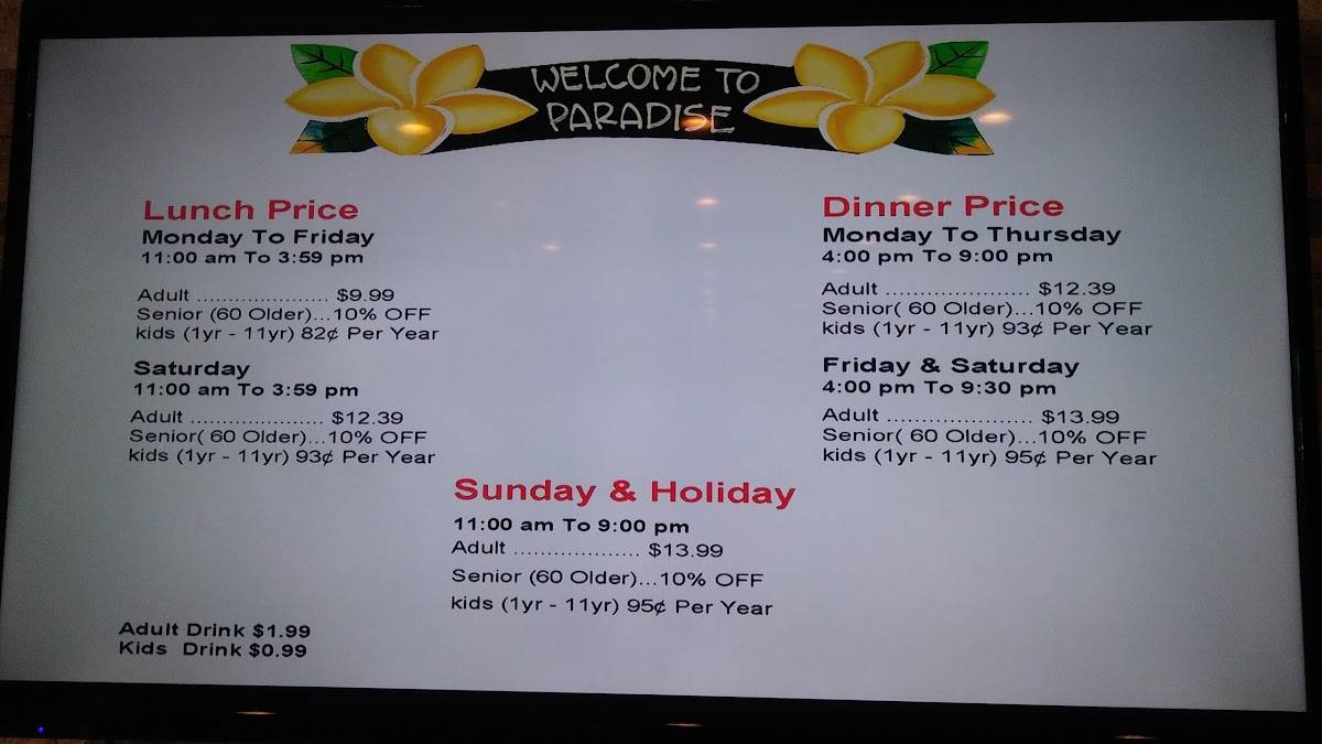 Menu at Paradise Buffet restaurant, Murray