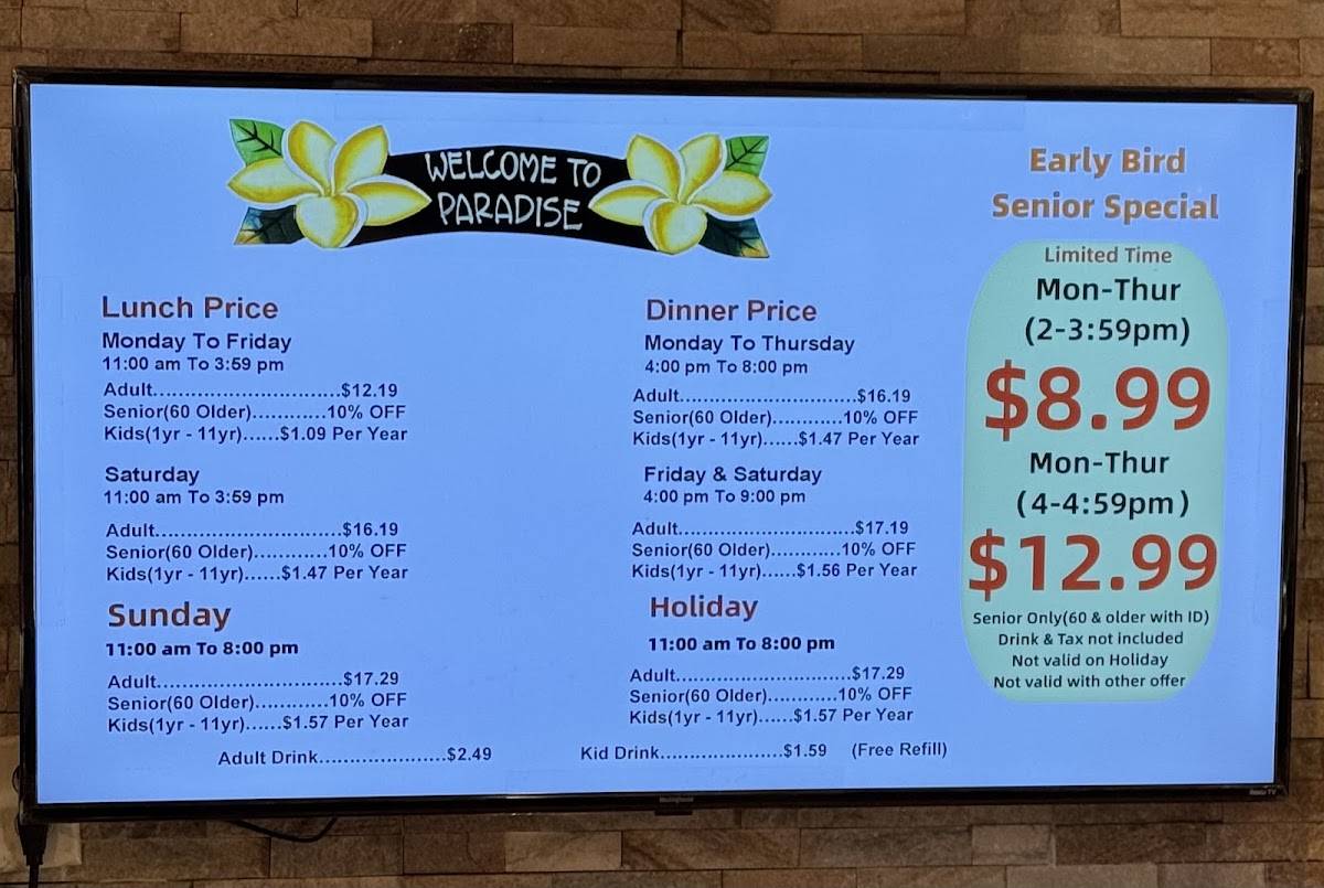 Menu at Paradise Buffet restaurant, Murray