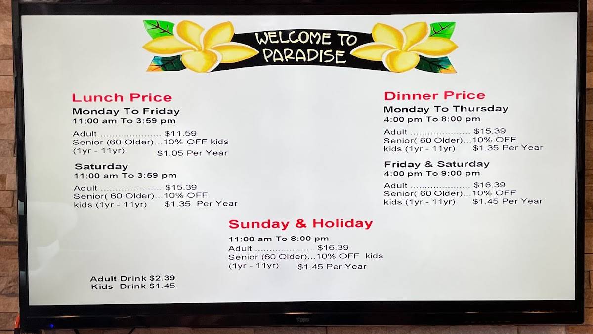 Menu at Paradise Buffet restaurant, Murray