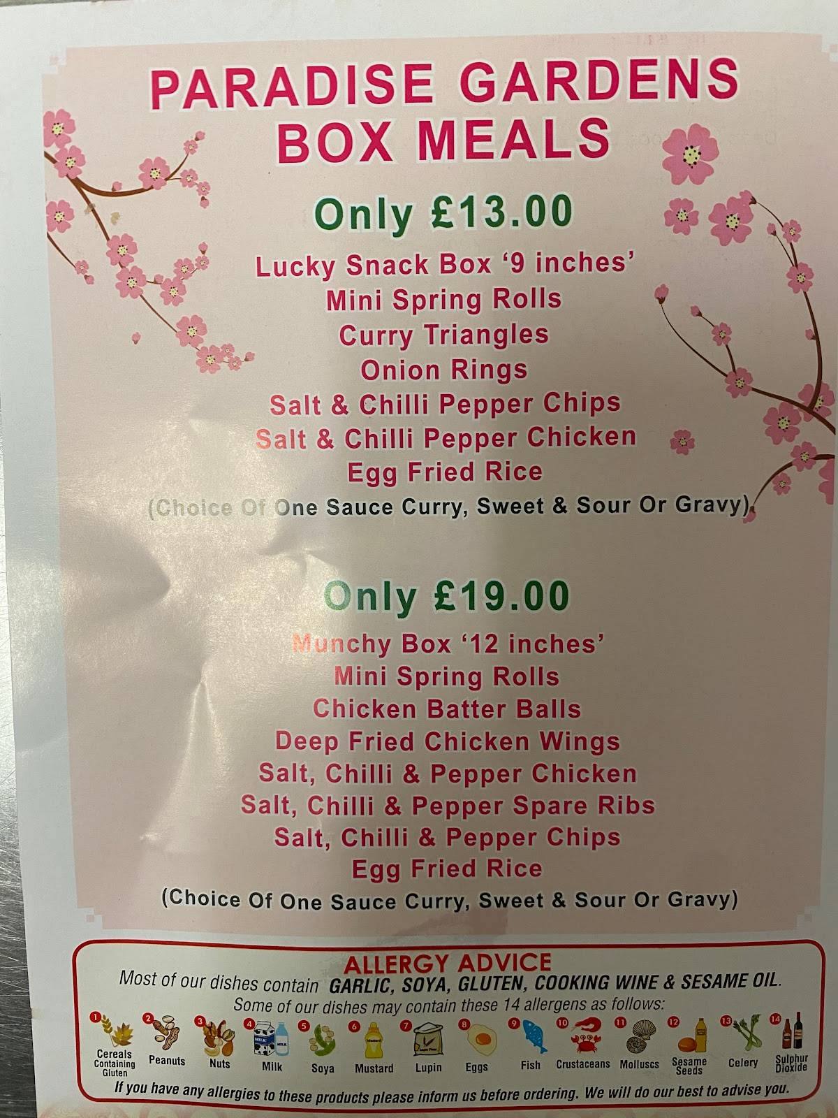 Menu at Paradise Gardens restaurant, Newcastle upon Tyne