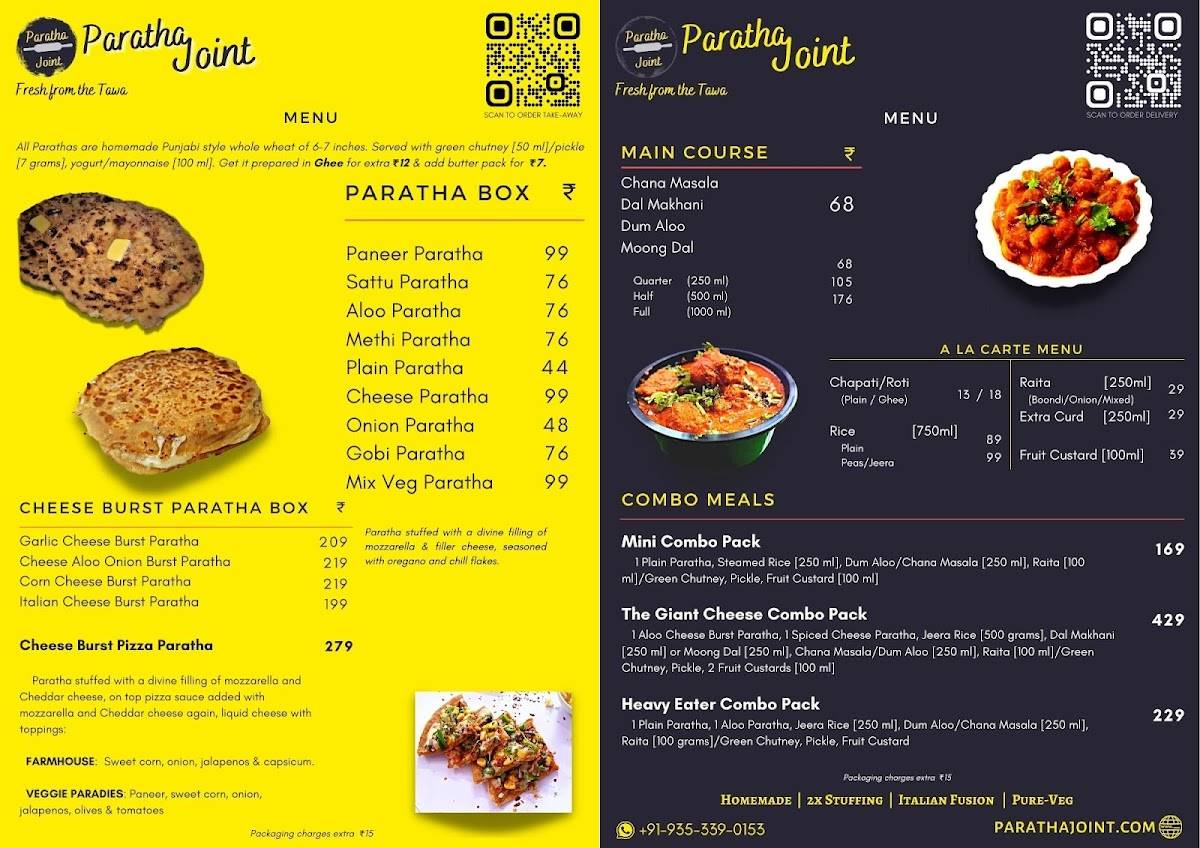Menu at Paratha Joint, Bengaluru