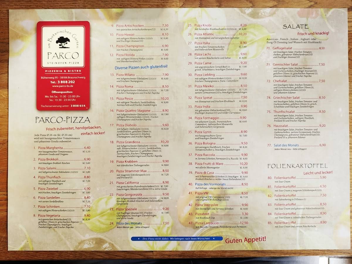Menu at Parco pizzeria, Brunswick