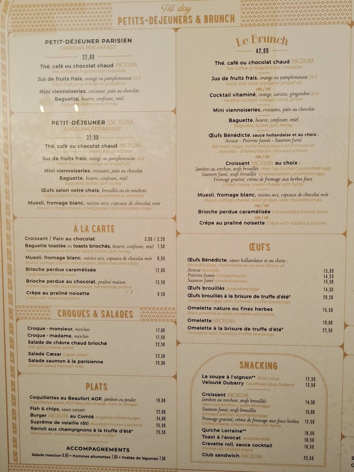 Menu au Angelina Paris restaurant, Paris, 226 Rue de Rivoli