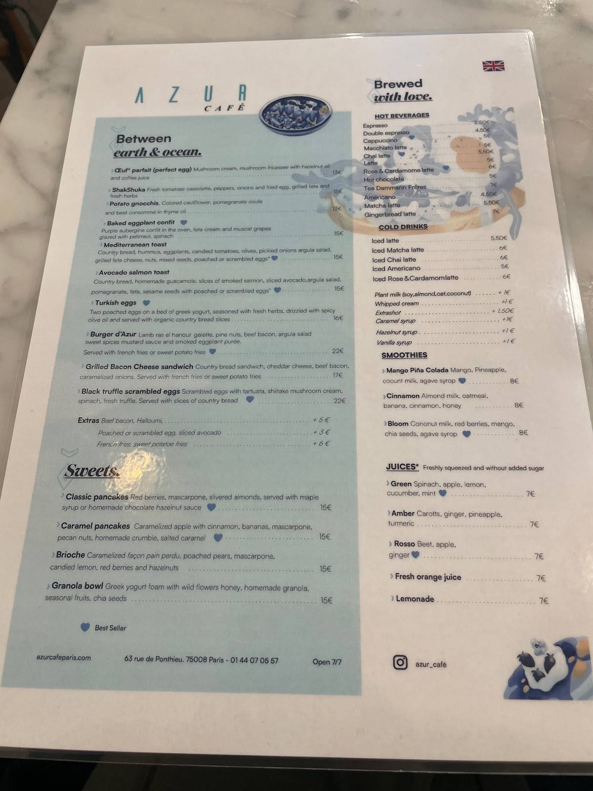 Menu au Azur Café Brunch & Coffee - Champs-Elysées, Paris, 63 Rue de ...