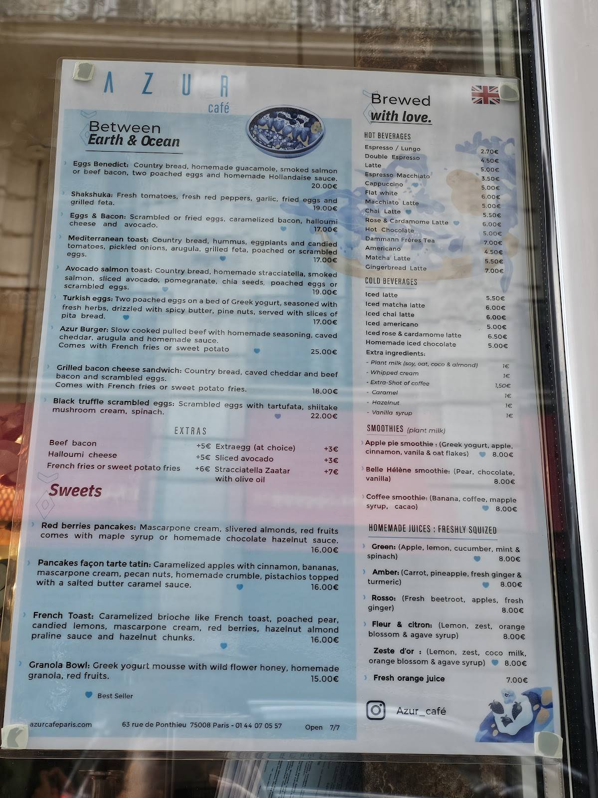 Menu au Azur Café Champs-Elysées - Brunch | Coffee Shop| Lunch, Paris ...