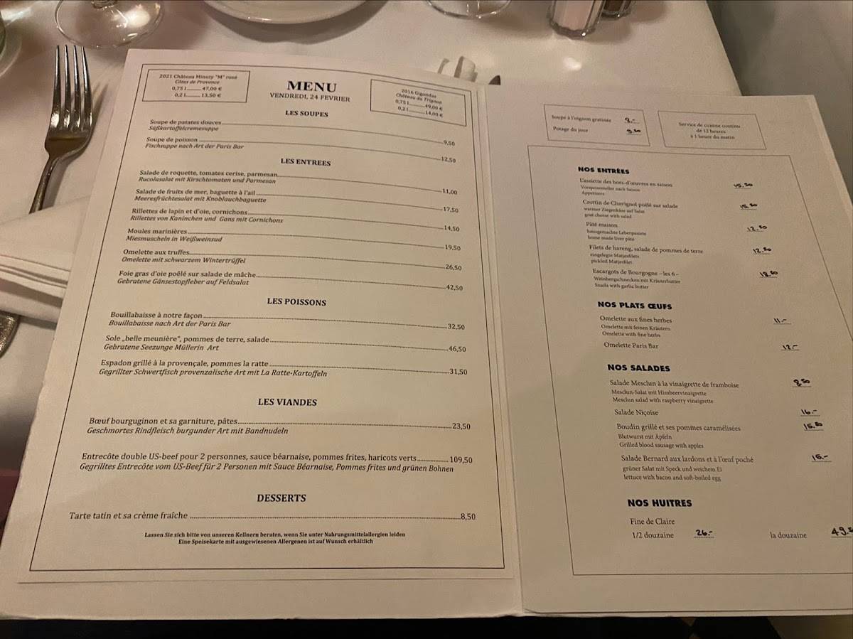 Menu at Paris Bar, Berlin