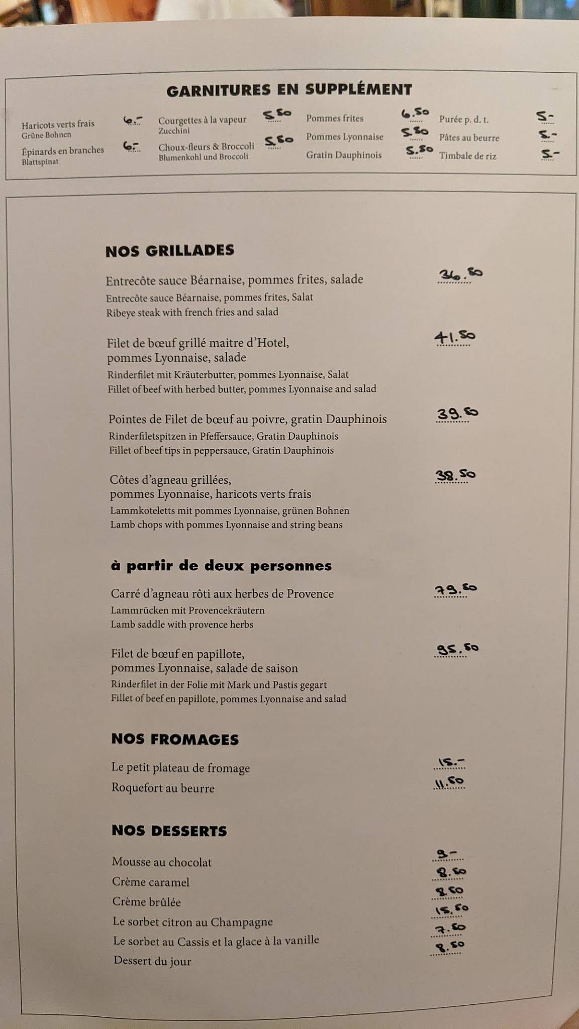 Menu at Paris Bar, Berlin