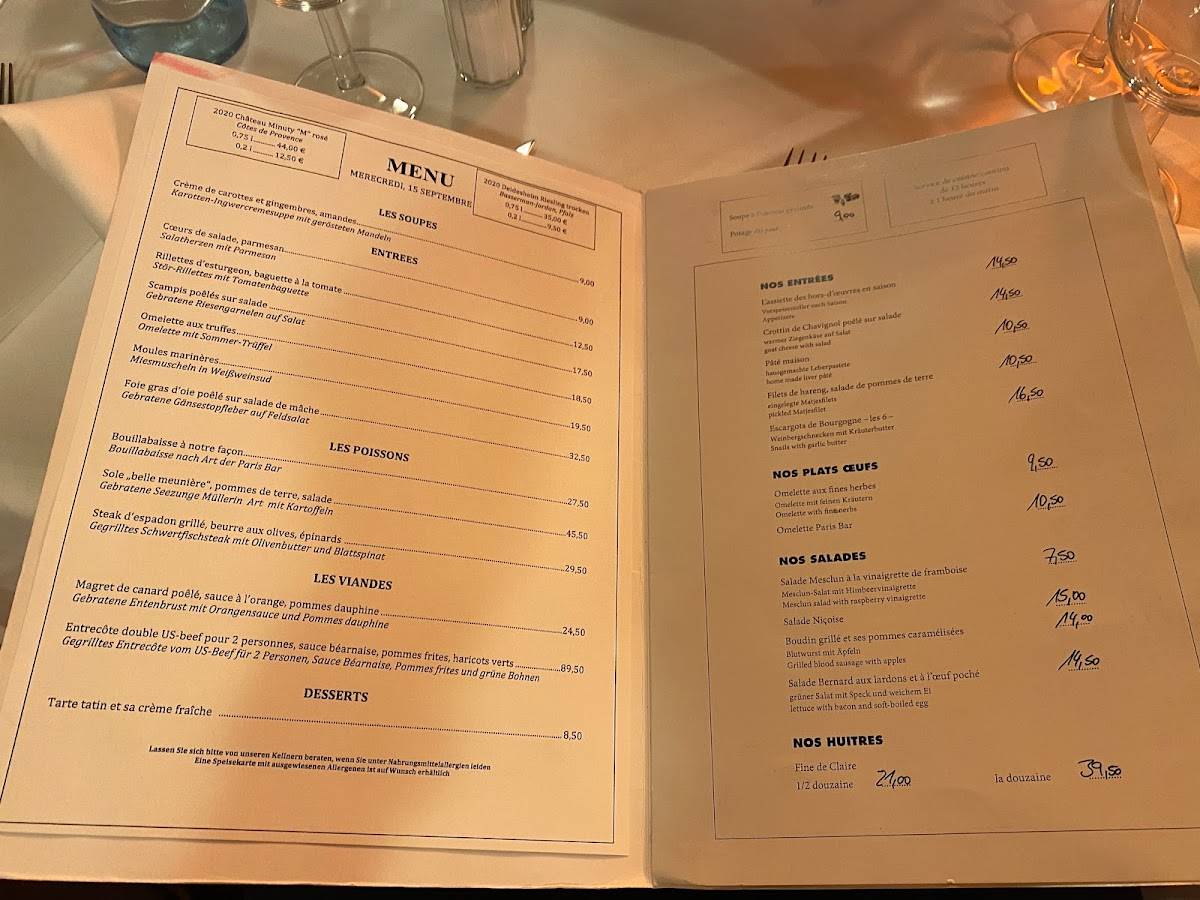 Menu at Paris Bar, Berlin