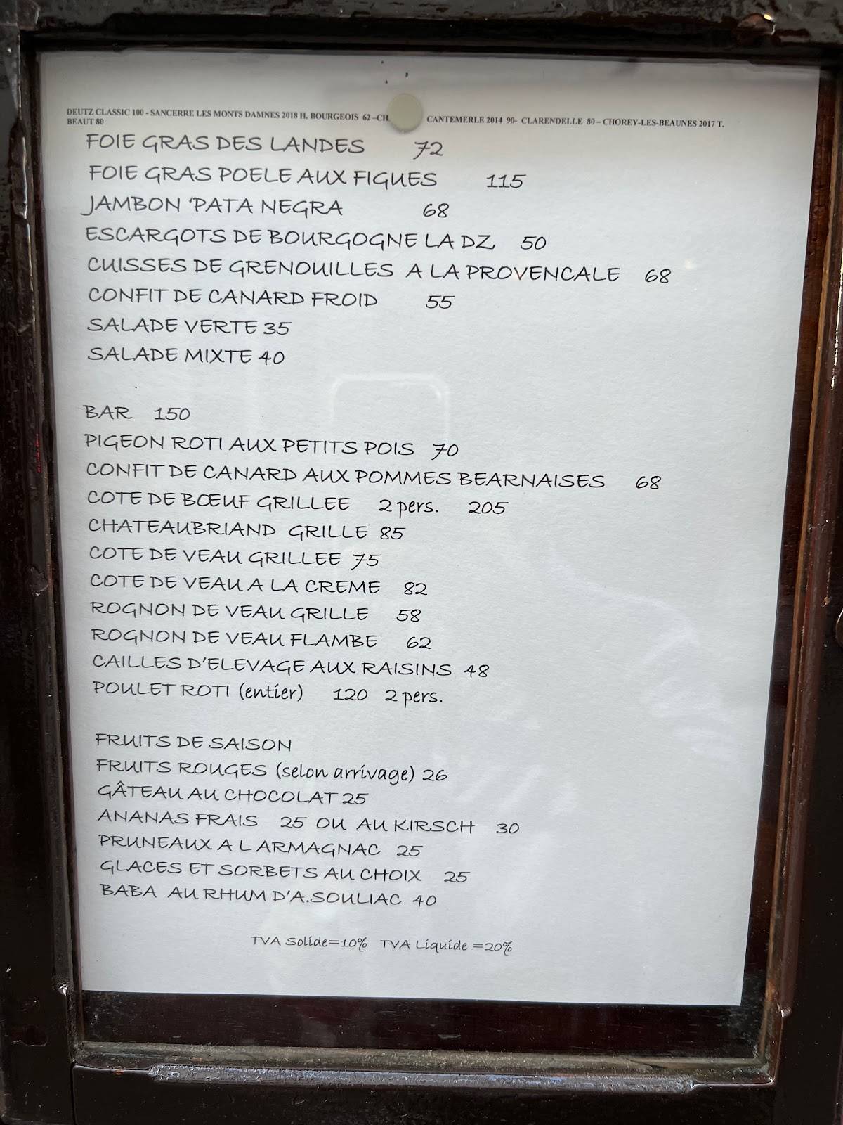 Menu at Chez l'Ami Louis restaurant, Paris, 32 Rue du Vertbois