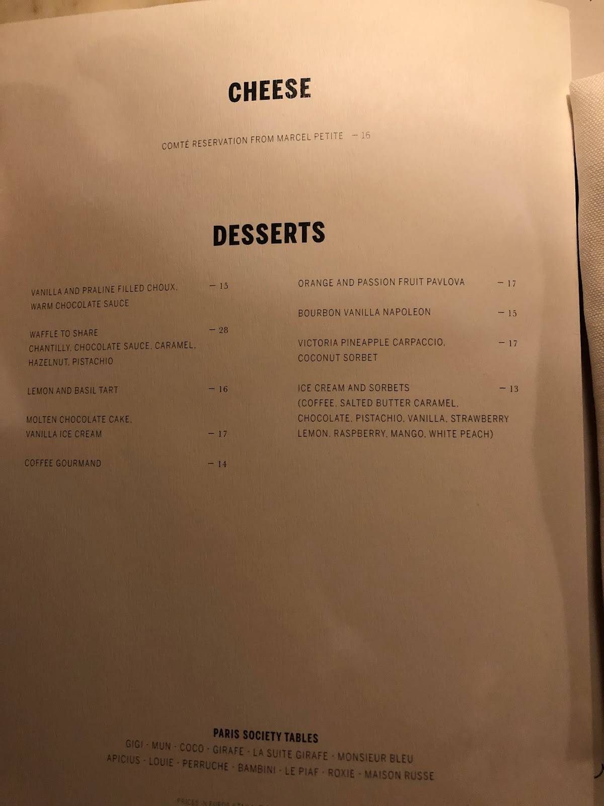 Menu at Girafe Restaurant, Paris