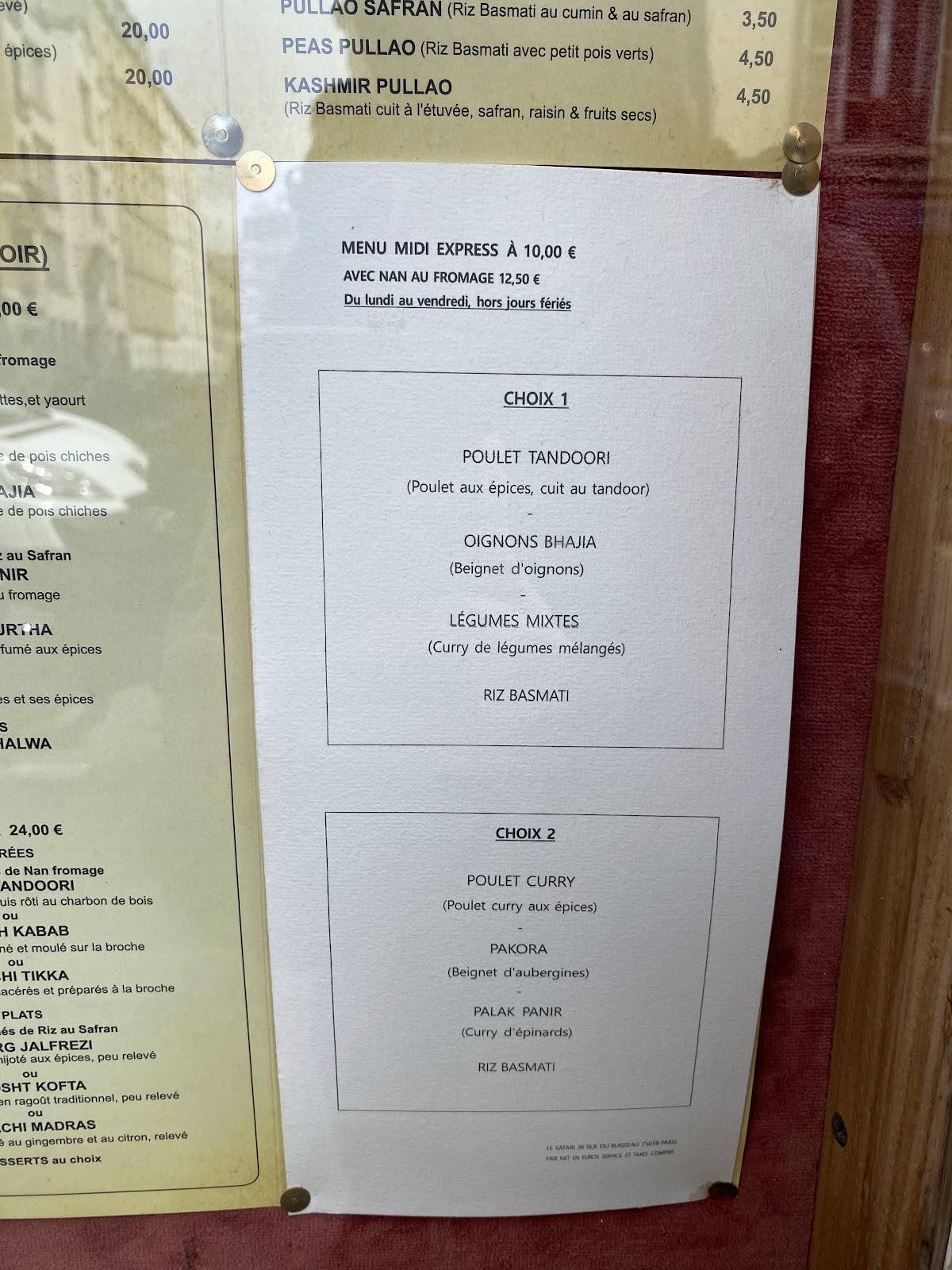 Menu au LE SAFARI restaurant, Paris, 36 Rue du Ruisseau