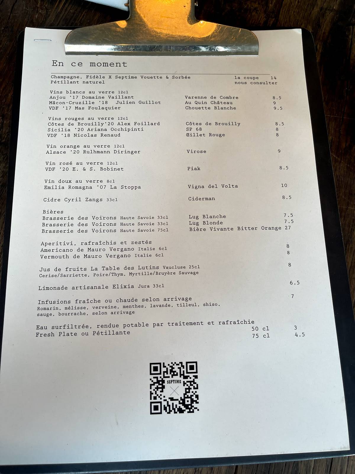 Menu at Septime restaurant, Paris, 80 Rue de Charonne