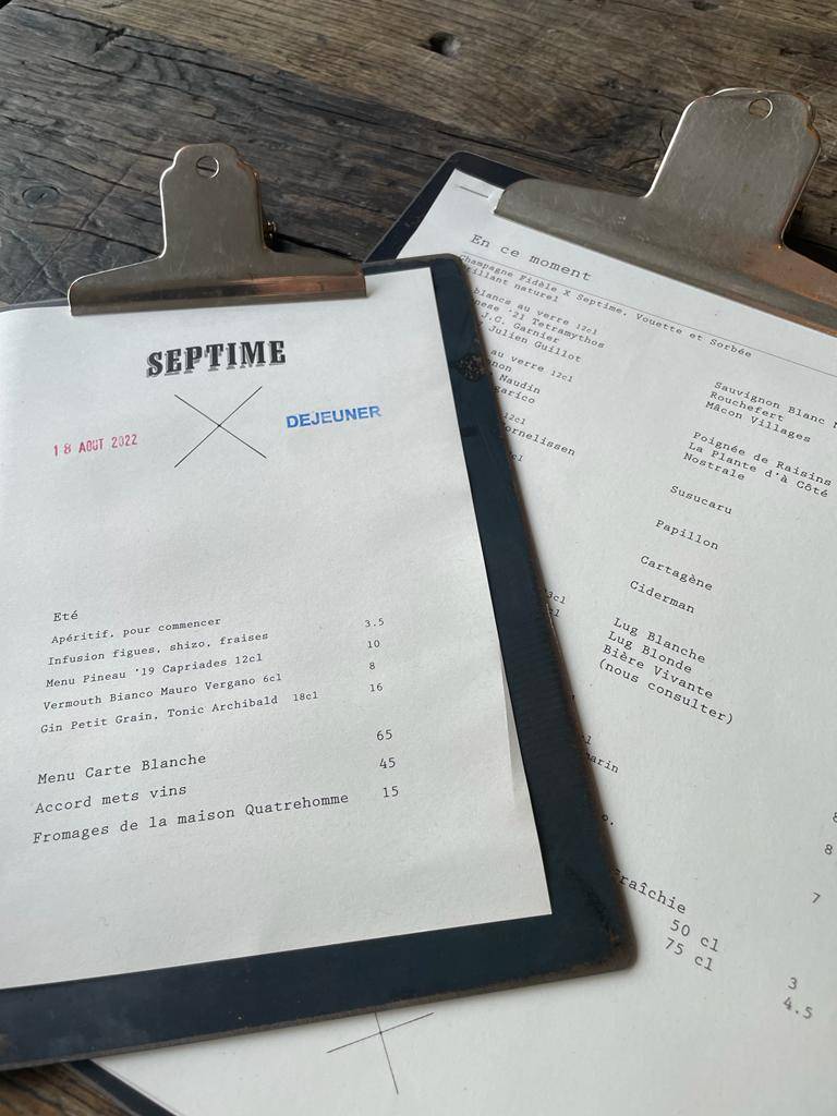 Menu at Septime restaurant, Paris, 80 Rue de Charonne