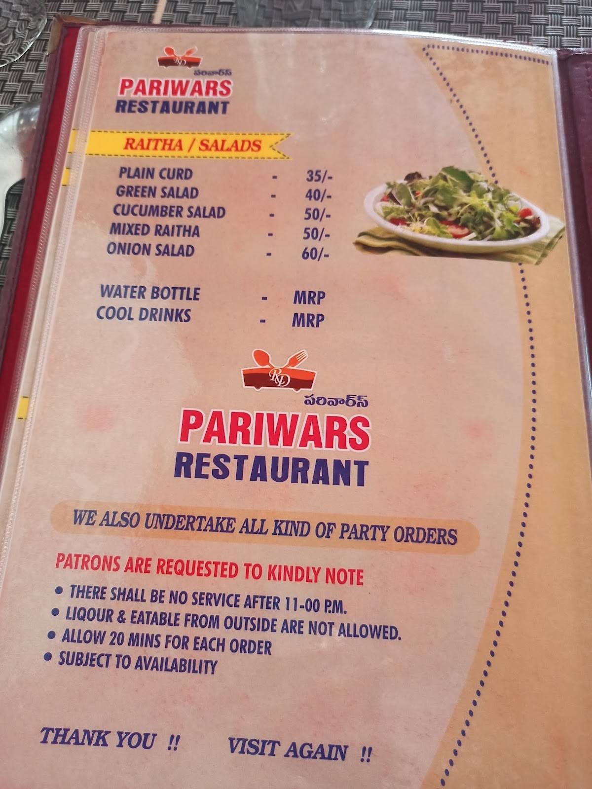 Menu at Pariwars Multi Cuisine Restaurant, Secunderabad