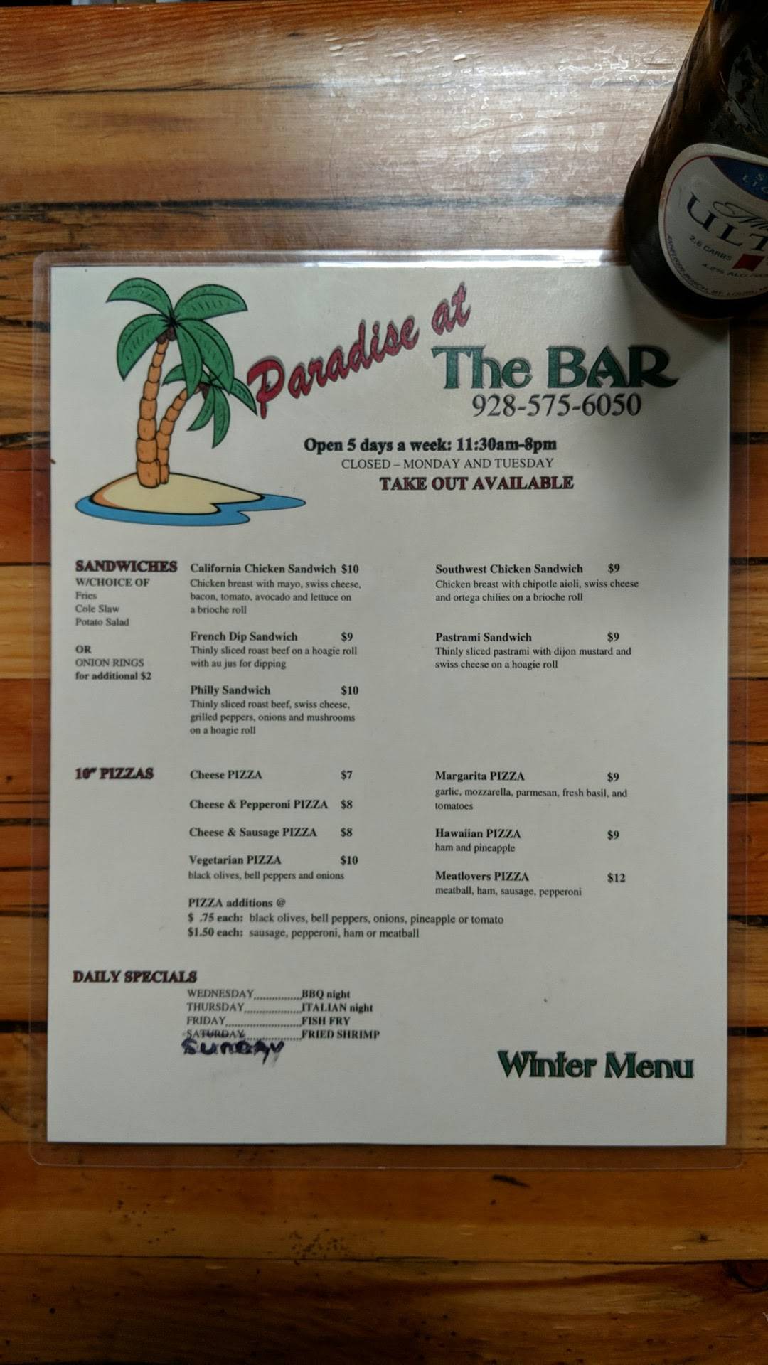Menu at The Bar, Parker
