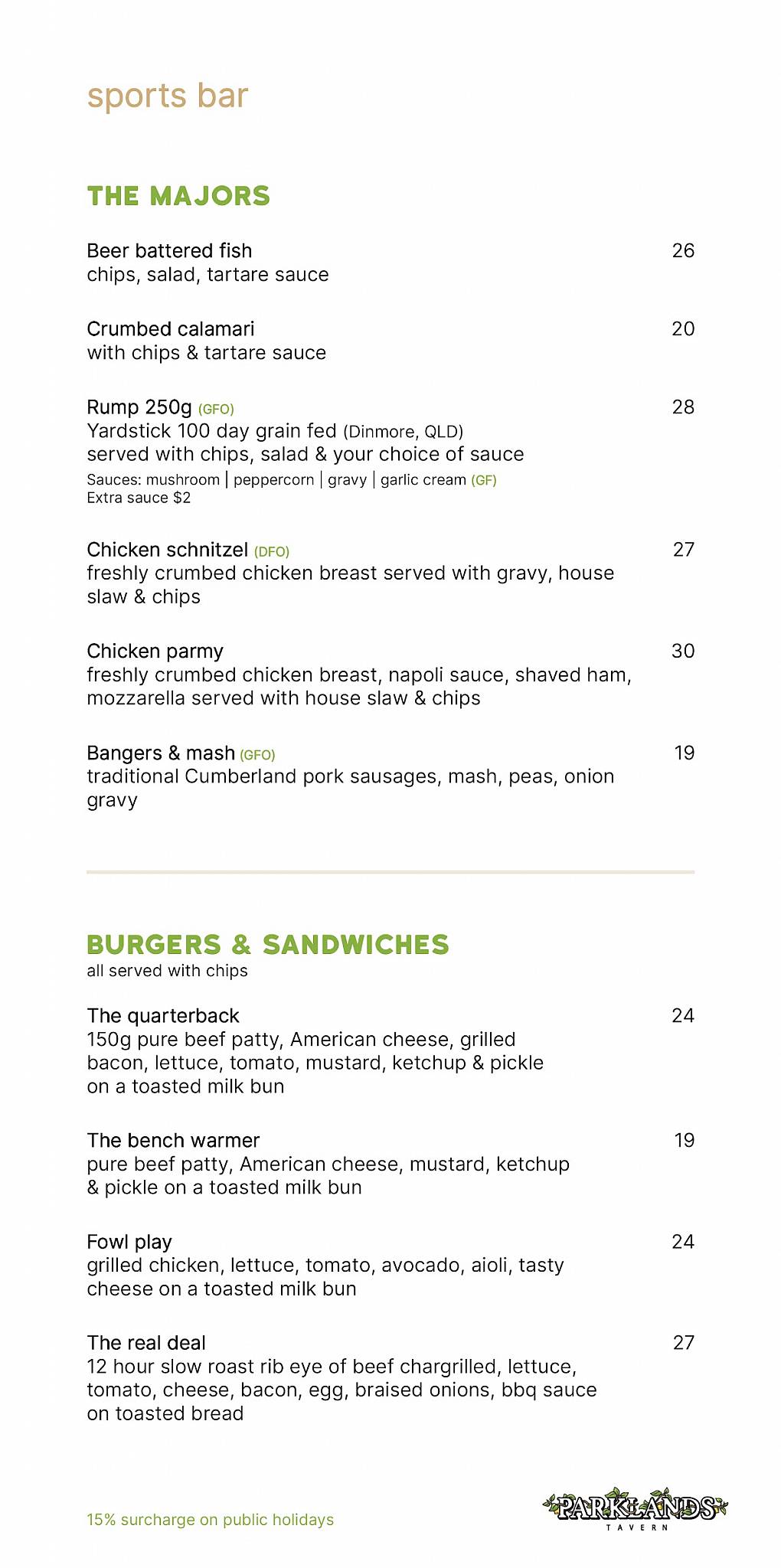 Menu at Parklands Tavern pub & bar, Sunshine Coast