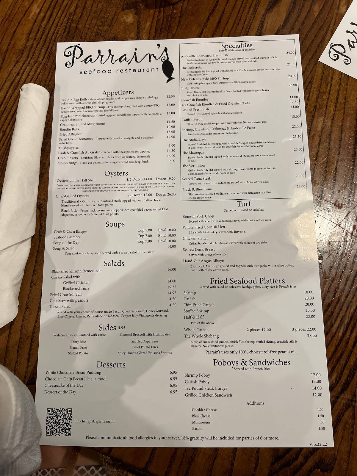 Menu at Parrain's Seafood Restaurant, Baton Rouge