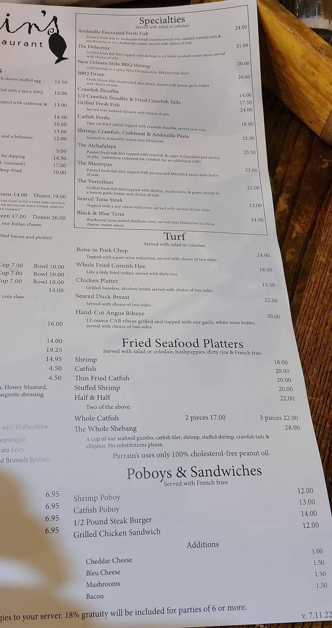 Menu at Parrain's Seafood Restaurant, Baton Rouge