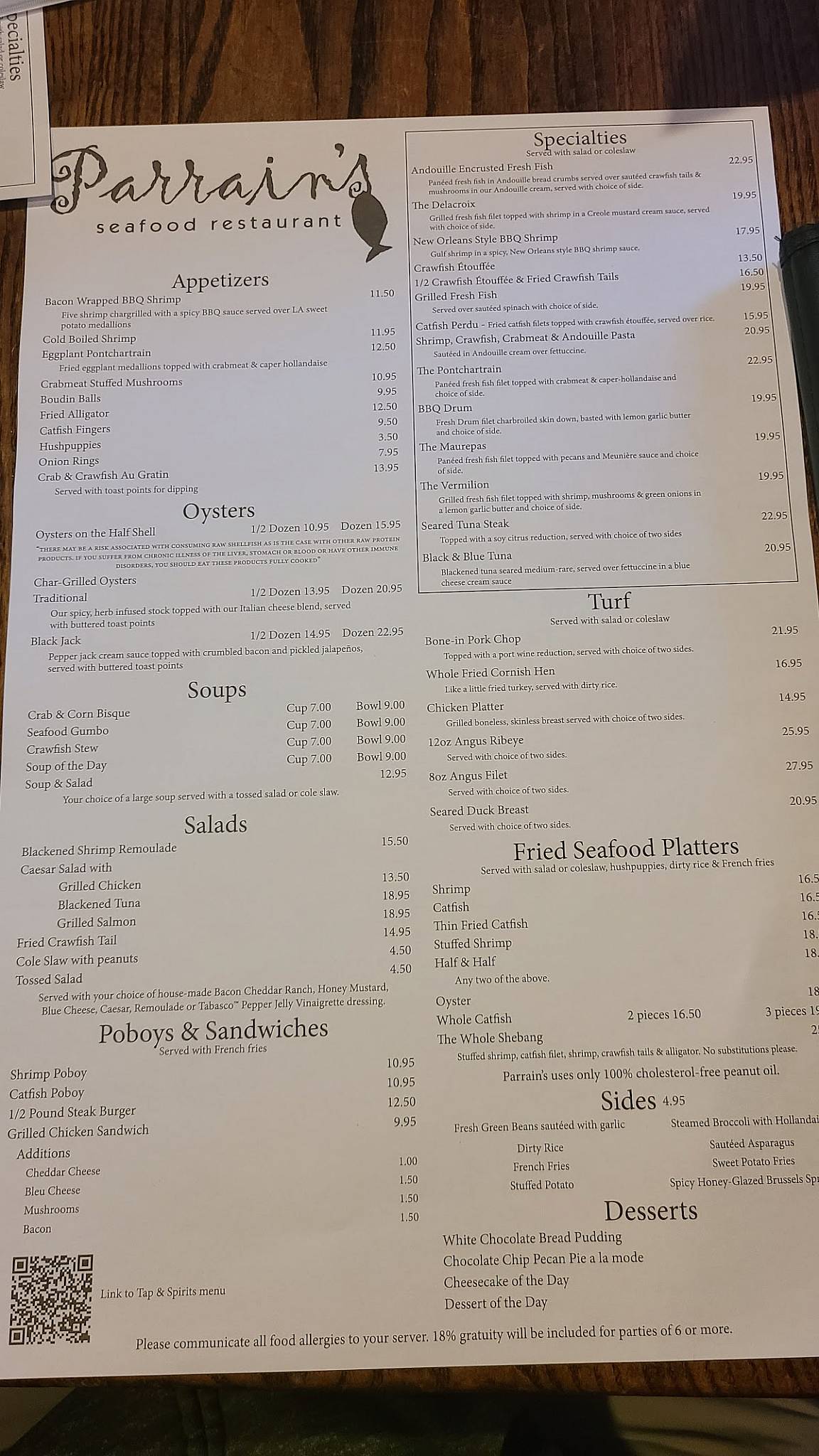 Menu at Parrain's Seafood Restaurant, Baton Rouge