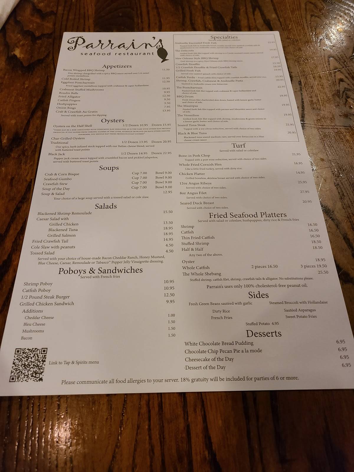 Menu at Parrain's Seafood Restaurant, Baton Rouge