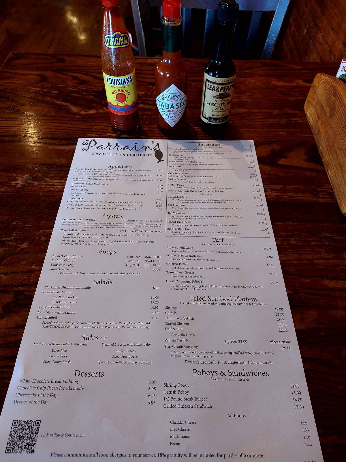 Menu at Parrain's Seafood Restaurant, Baton Rouge