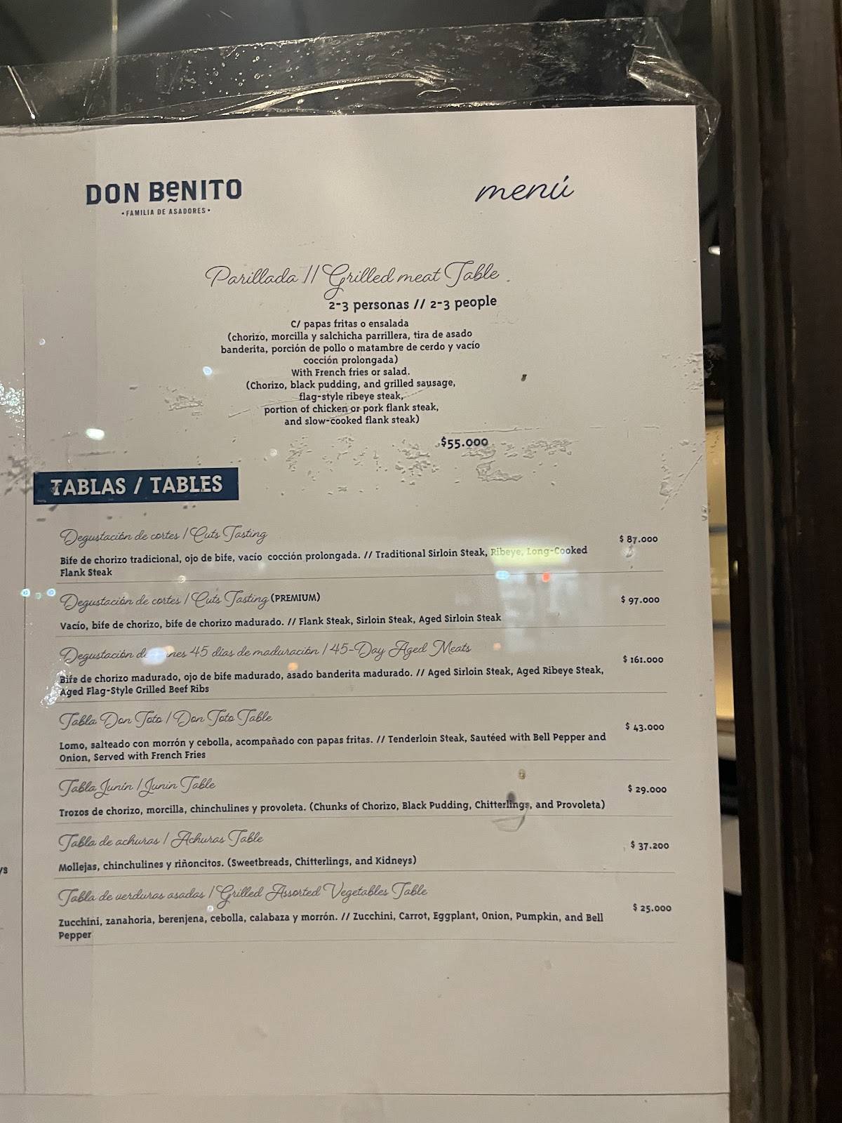 Menu at Parrilla Don Benito Soho, Buenos Aires
