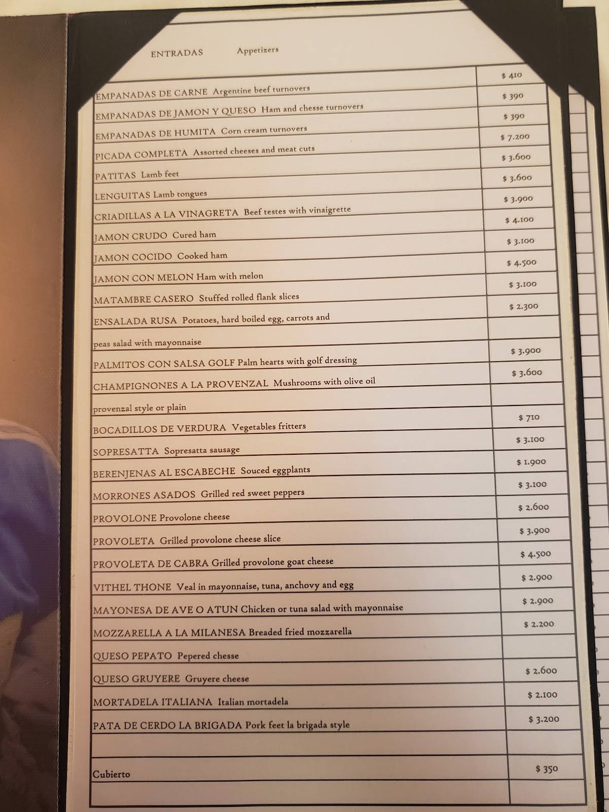 Menu at Parrilla La Brigada, Buenos Aires