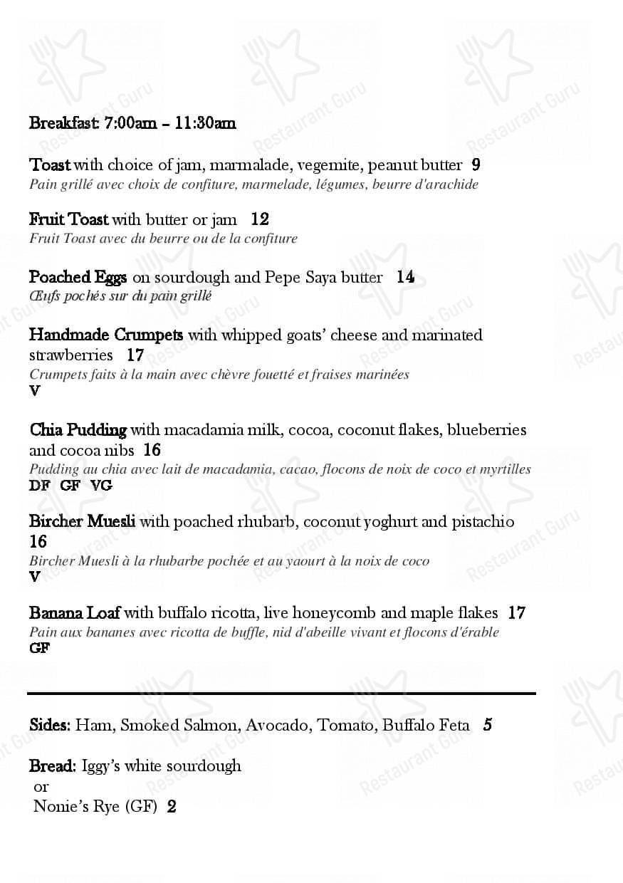 Menu at Cafe Parterre, Woollahra