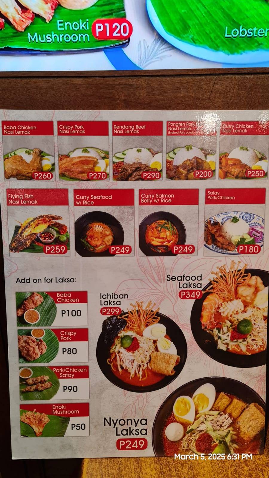 Menu at Limapulo Mall of Asia restaurant, Pasay