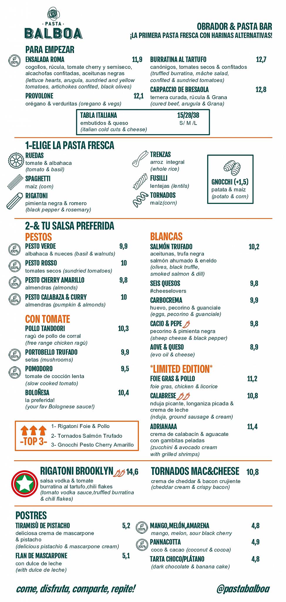 Menu at Pasta Balboa restaurant, Madrid