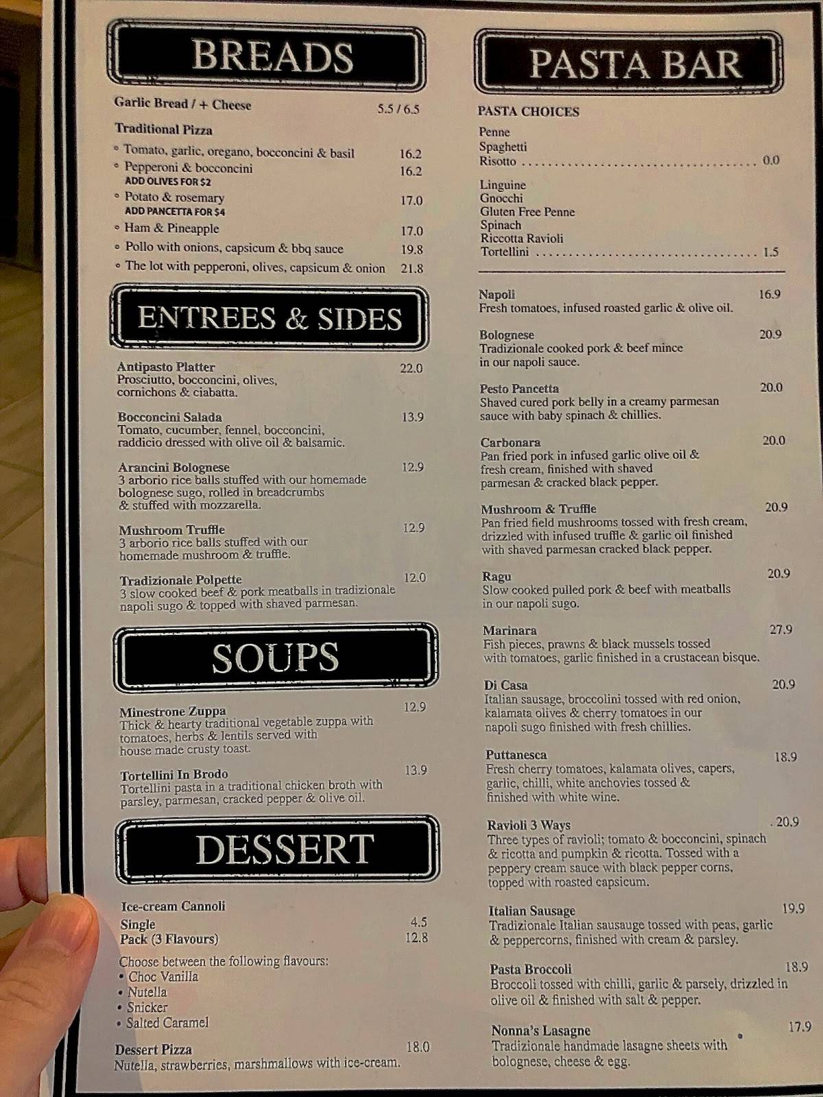 Menu at Pasta Mafia restaurant, Unley