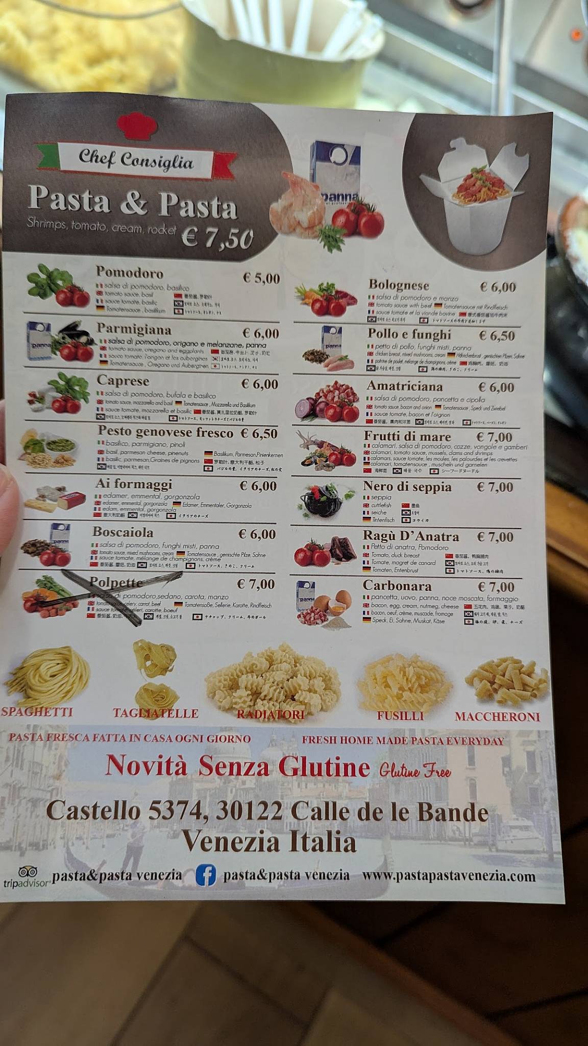 Menu at Pasta & Pasta restaurant, Venice