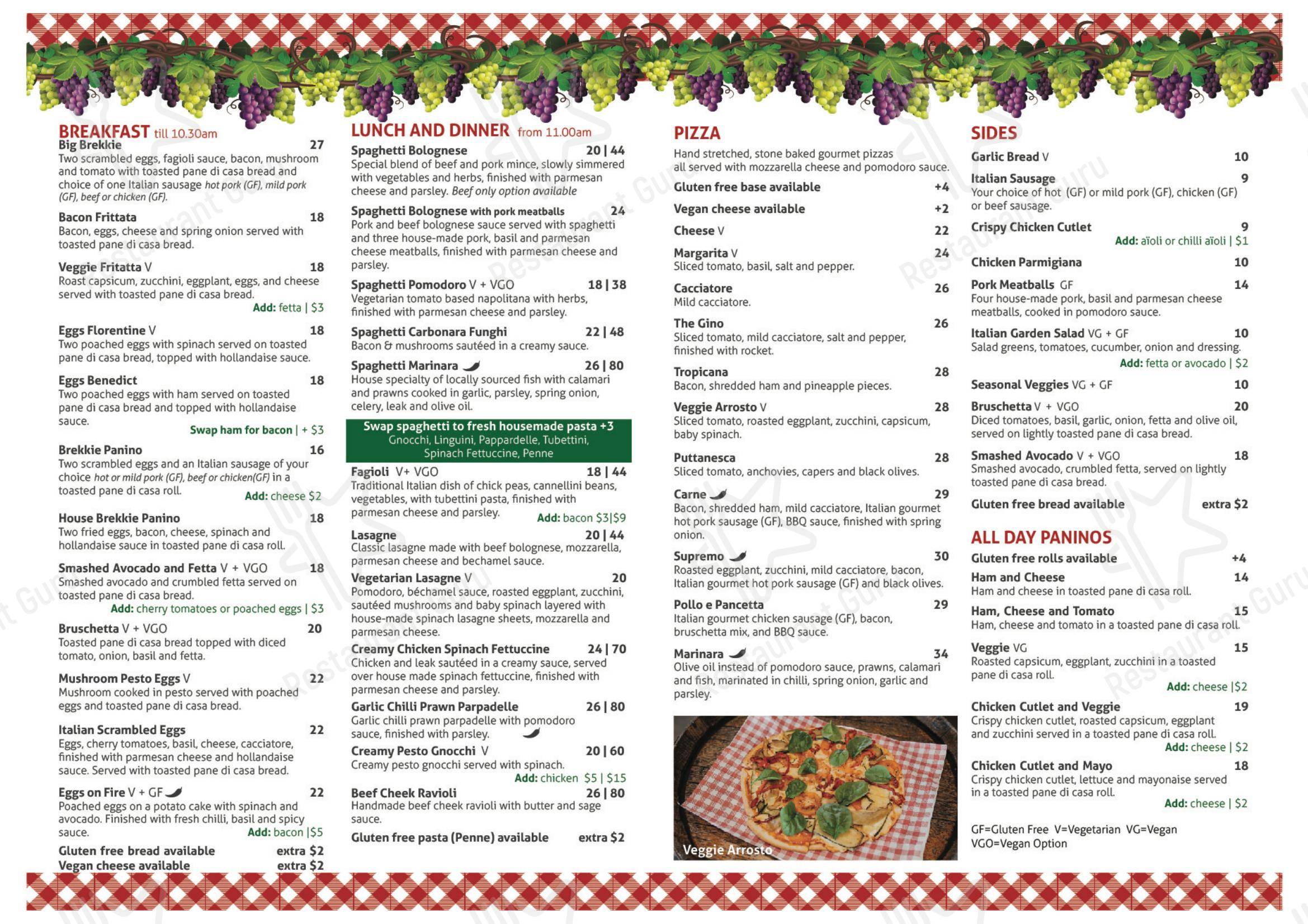 Menu at Pasta in the Valley restaurant, Caversham