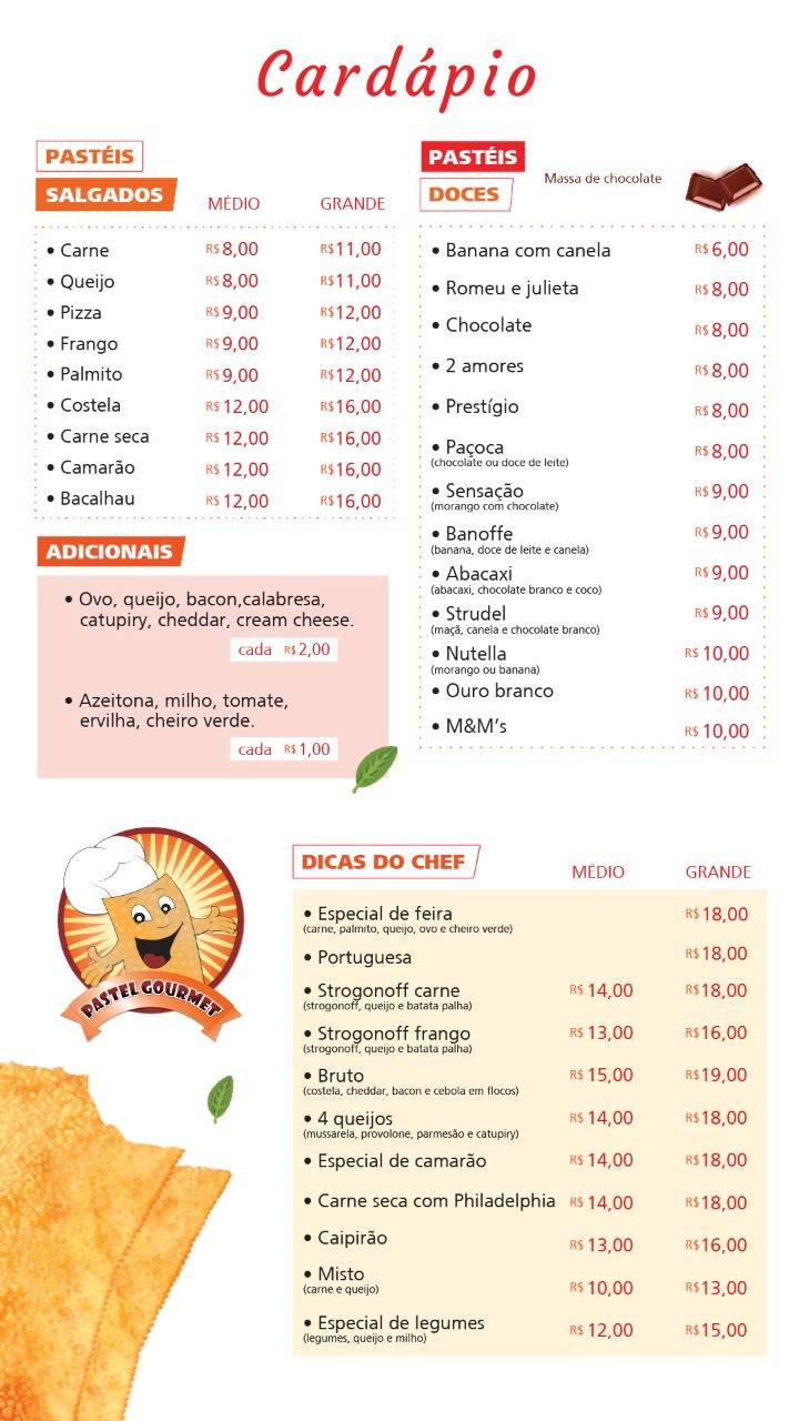 Menu at Pastel Gourmet Curitiba restaurant, Curitiba