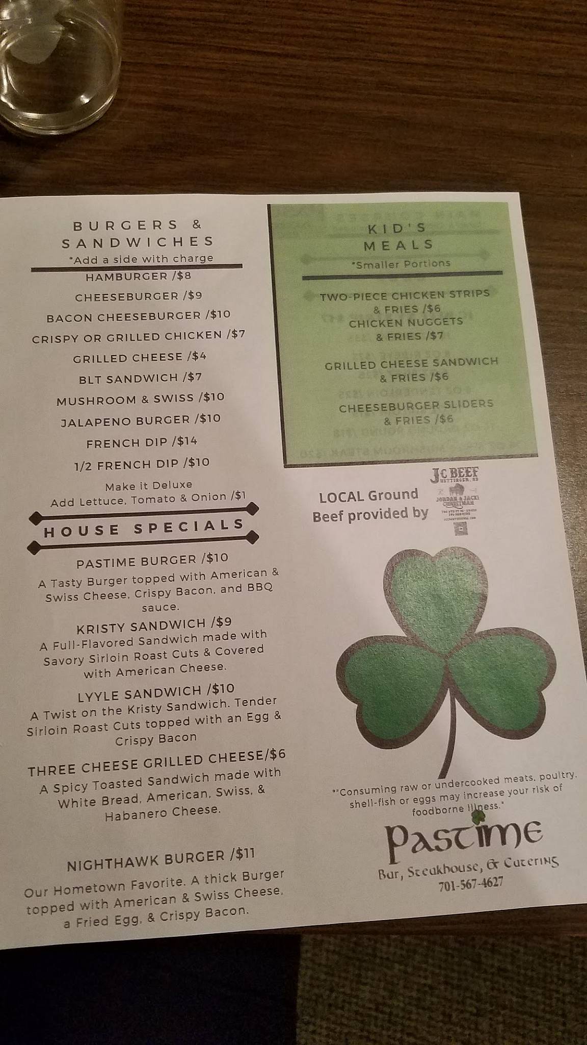 Menu at Pastime Bar & Steakhouse, Hettinger