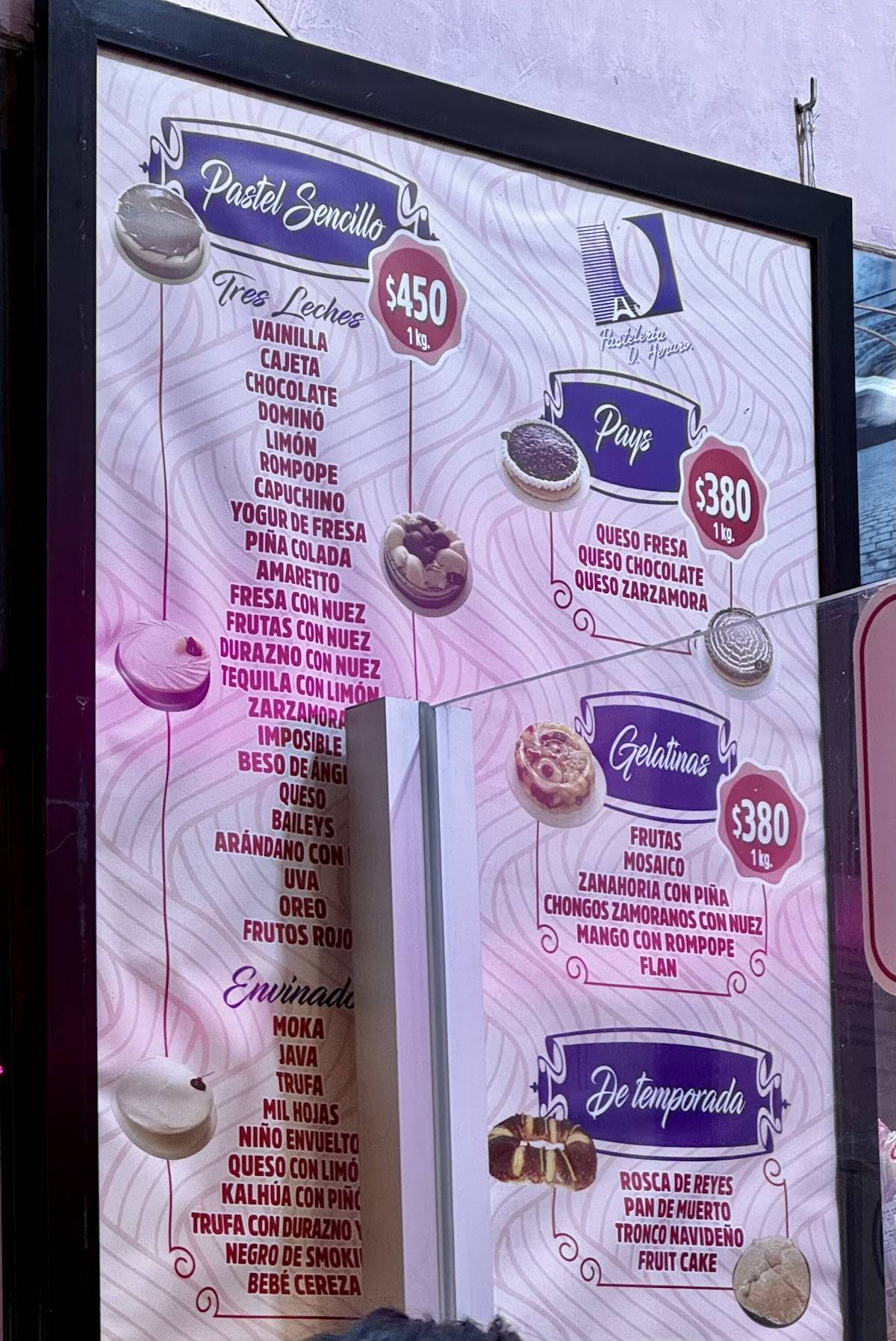 Carta del postres Pastelería D. Henaro, Ciudad del México