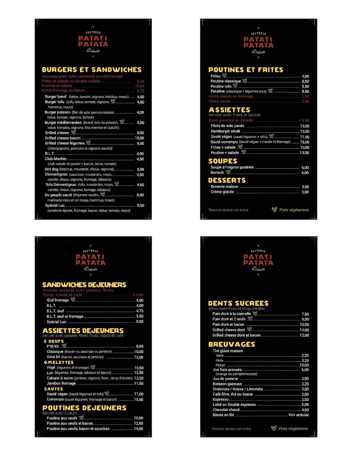Menu au Patati Patata Jean-Talon Friterie Deluxe restaurant, Montréal
